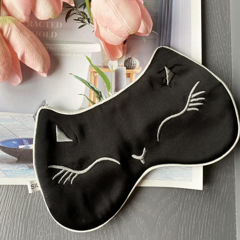 Beautiful 100% Natural Mulberry Silk Sleeping Cat Eye Mask, Embroidered ...