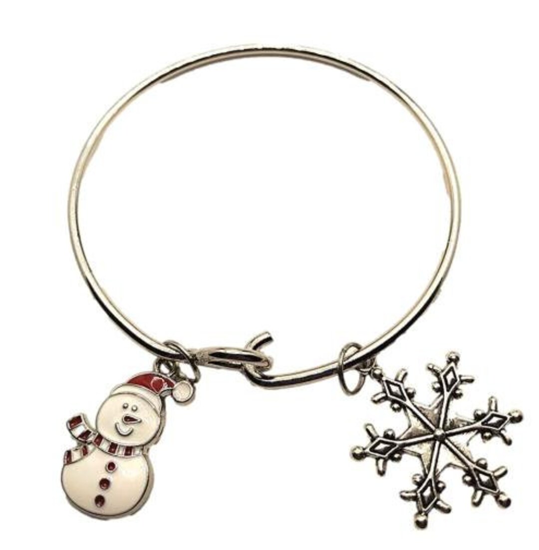 Women's Teen Girl's Christmas Snowflake and Snowman Silver Alloy Bangle ...
