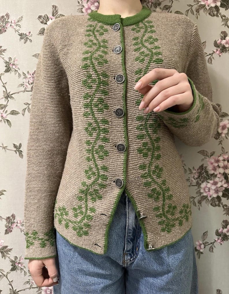 Vintage Austrian Trachten H Moser Cardigan / Green Wool Blend Tyrolean ...