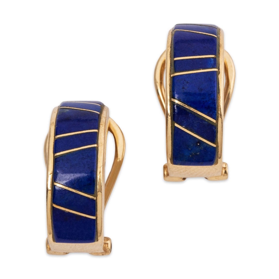 Native American Sam Kee 14k Yellow Gold Lapis Huggie Earrings - Etsy