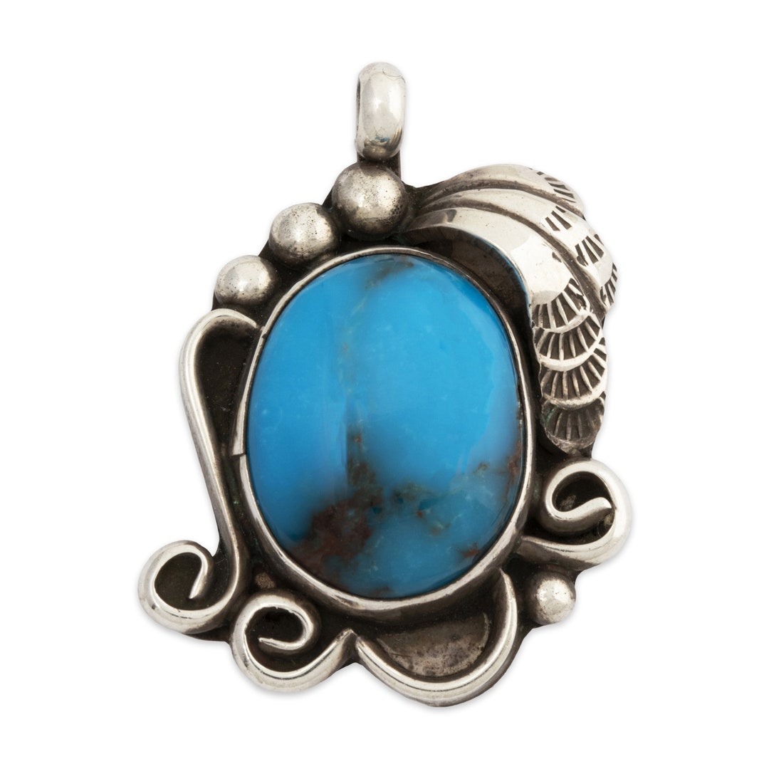 Native Am Sterling Gem Grade Bisbee Turquoise Applied Leaf Raindrop ...