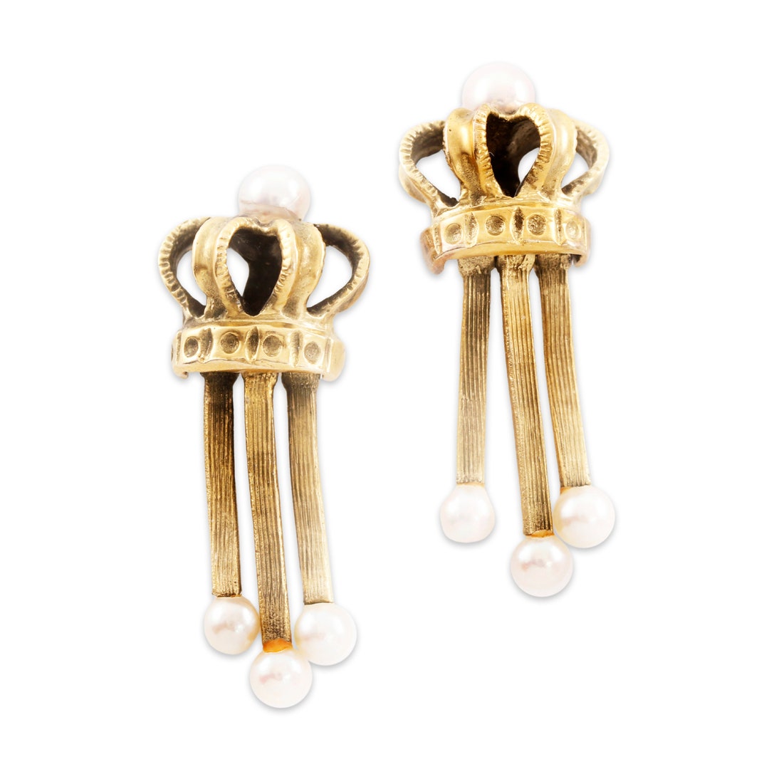 Vintage 14k Yellow Gold Pearl Crown Dangle Earrings - Etsy