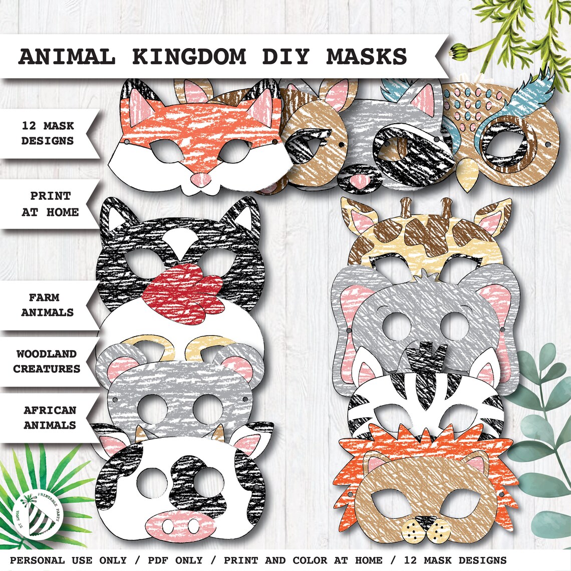 Animal Masks for Kids Easy DIY Birthday Craft Instant - Etsy