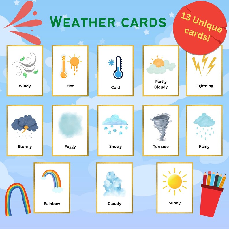 13 Weather Cards - Educational Prints for Kids - Etsy