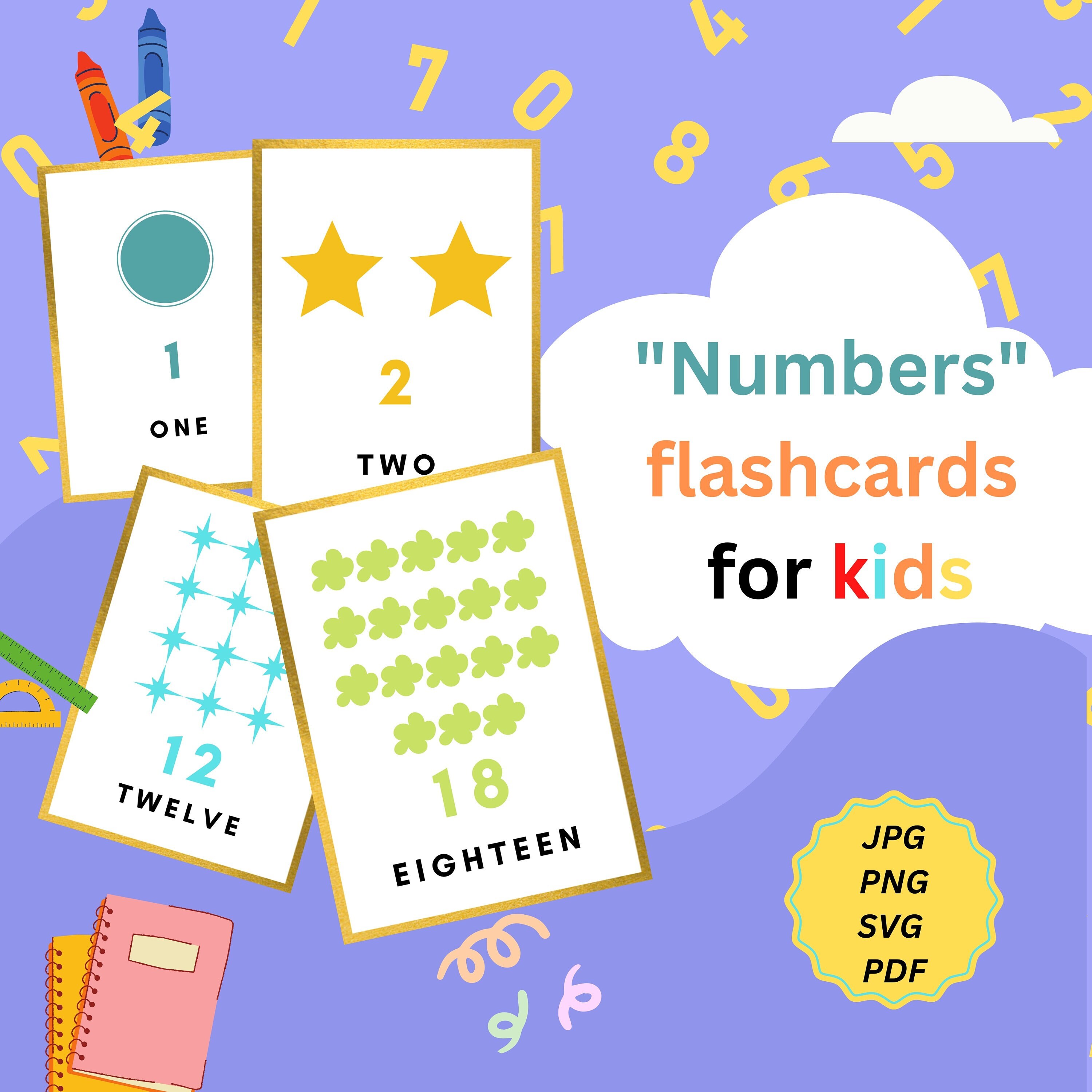 Numbers Flash Cards - for Kids - Pdf - Png - Svg - Entertaining Cards ...