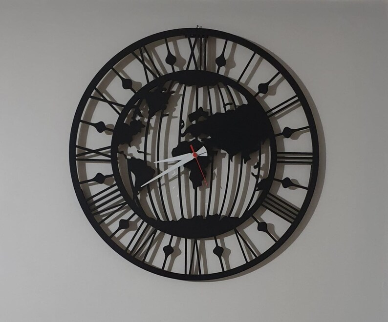 World Map Clock, Map Wooden Wall Clock, Large World Wall Clock, Modern ...