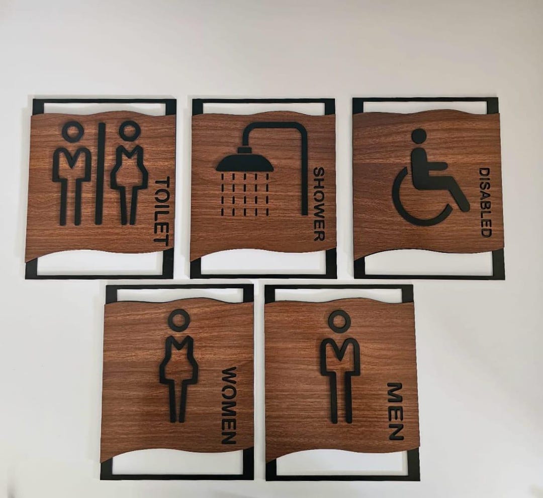 3D Wooden Toilet and Shower Direction Sign Set of 5,bathroom Arrow Sign ...