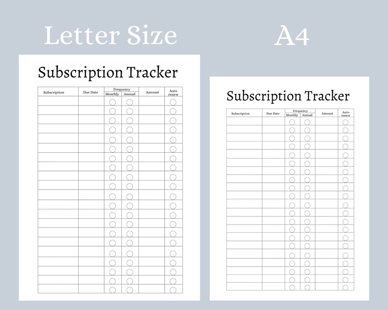 Printable Subscription Tracker, Membership Tracking, Monthly ...