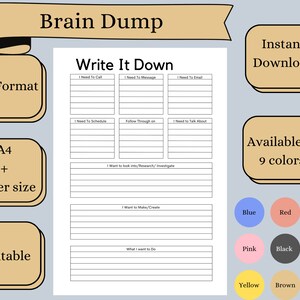 Brain Dump Printable Template,thought Organizer, Productivity Planner ...
