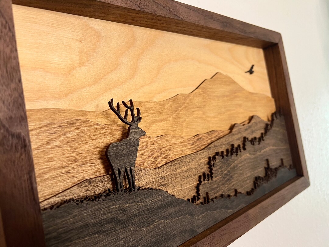 Elk in the Mountains Layered Wood Scene, Hunting, Nature, Adventure ...