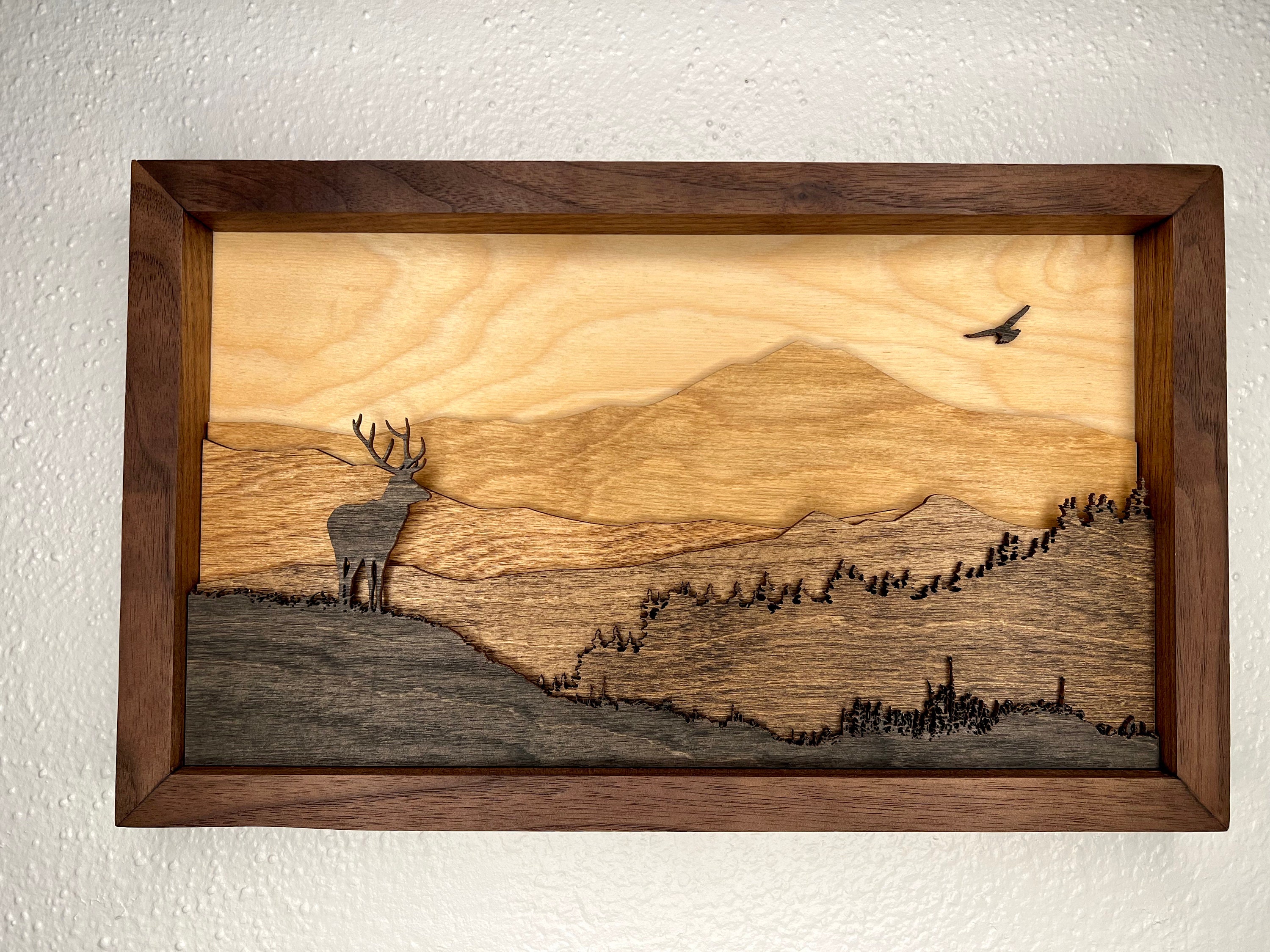 Elk in the Mountains Layered Wood Scene, Hunting, Nature, Adventure ...