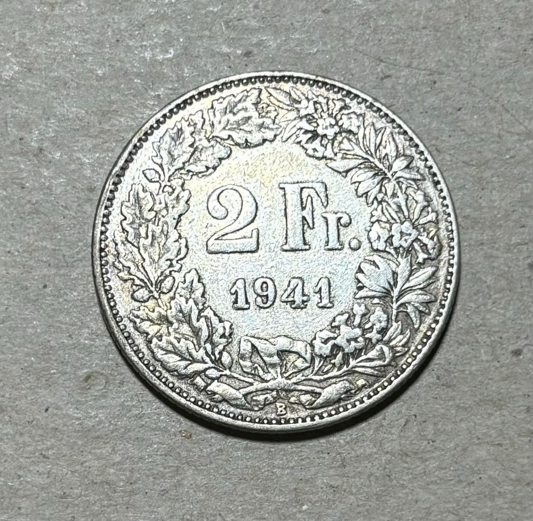 WWII 1941 Switzerland 2 Francs Coin Silver, Helvetia, Swiss Franc ...