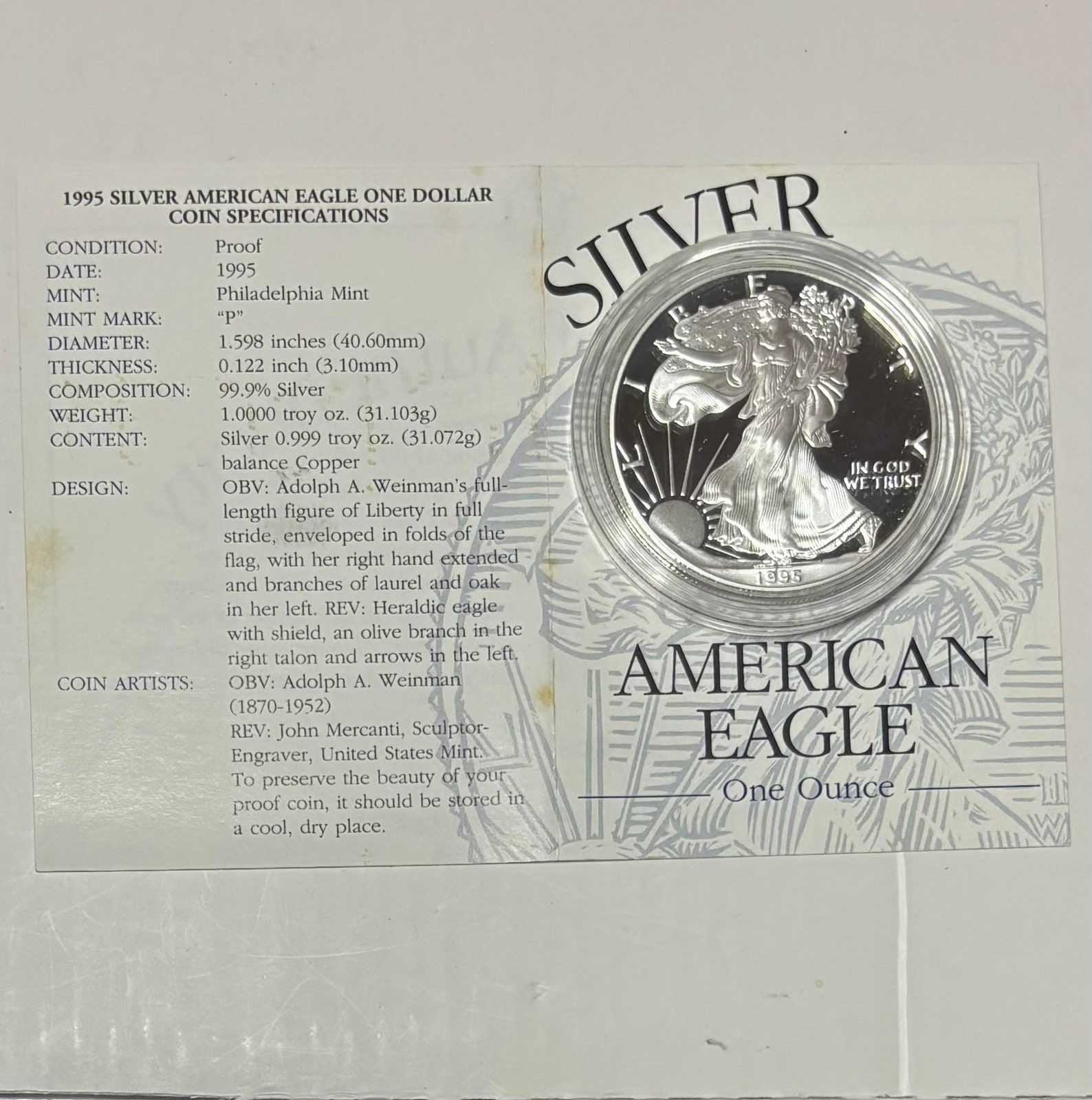 1995 SILVER AMERICAN EAGLE, 1 Ounce Fine Silver, .999 Silver, Proof Coin U.S. Mint, Numismatic ...