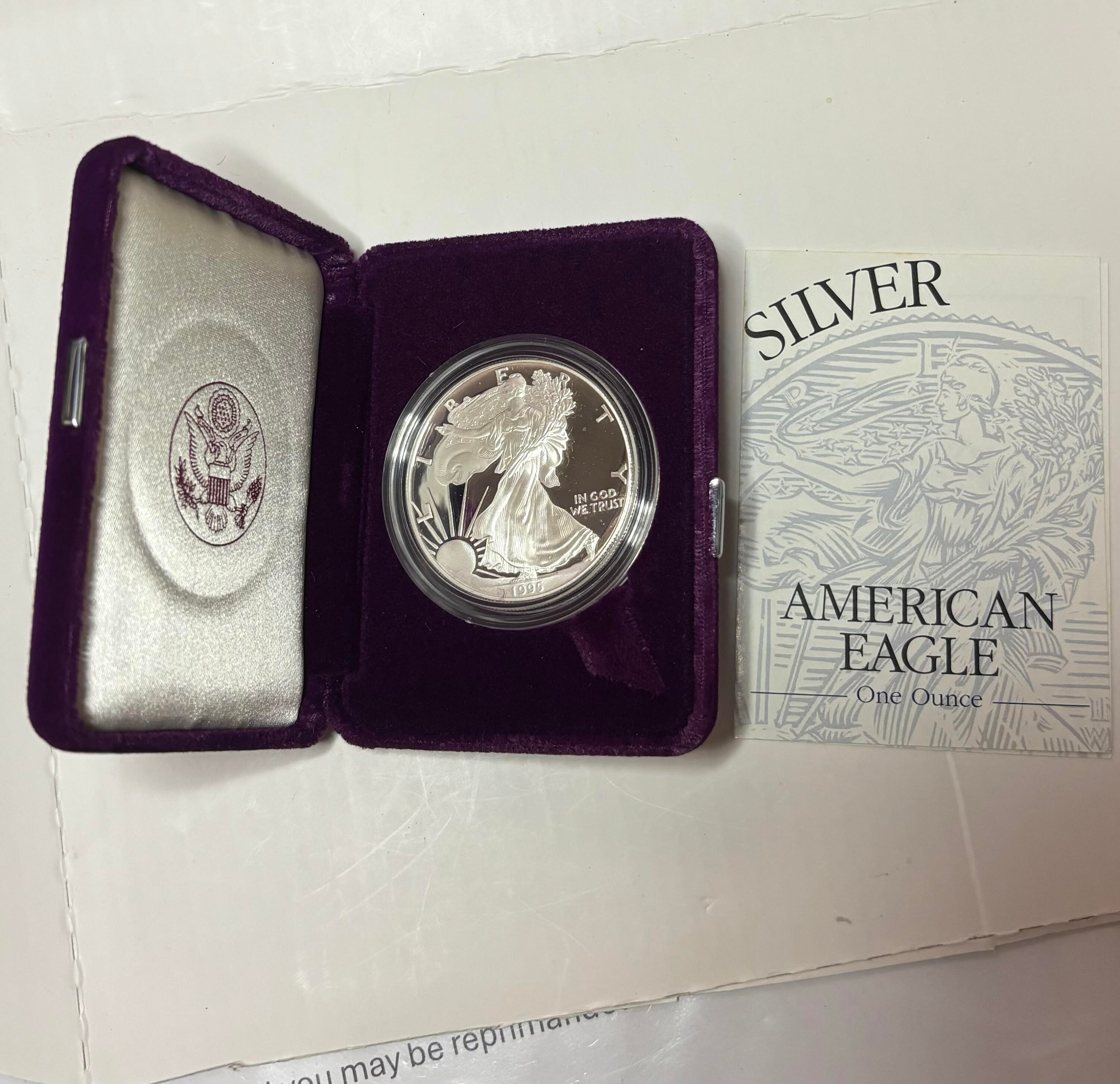 1995 SILVER AMERICAN EAGLE, 1 Ounce Fine Silver, .999 Silver, Proof Coin U.S. Mint, Numismatic ...