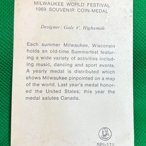 1969 MILWAUKEE WORLD FESTIVAL, Souvenir, Franklin Mint, Coin Proof ...