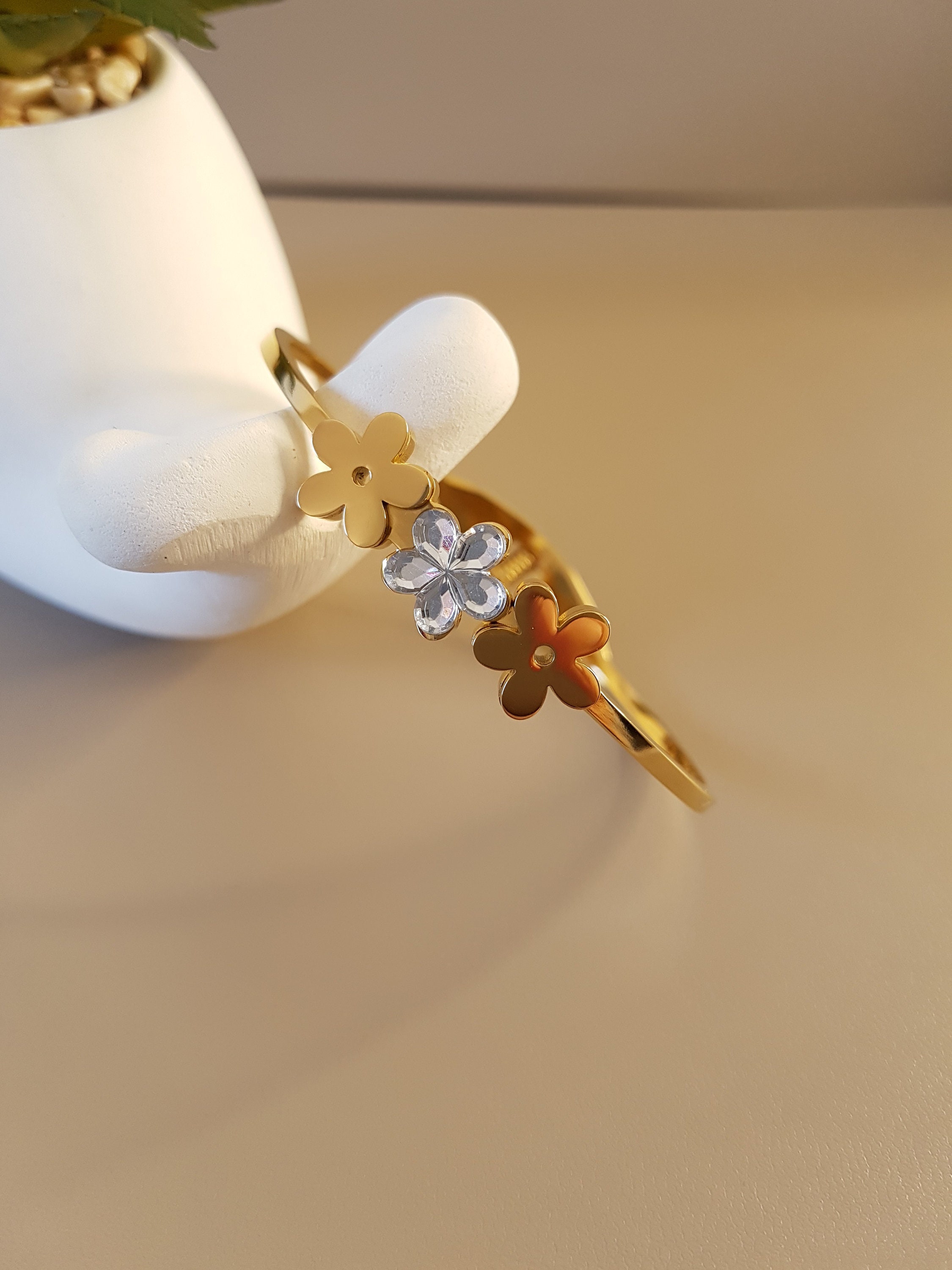 Gold Stainless Steel Clover Cuff Bracelet, Flower Bracelet,pink Butterfly Bracelet, Blue Evil ...