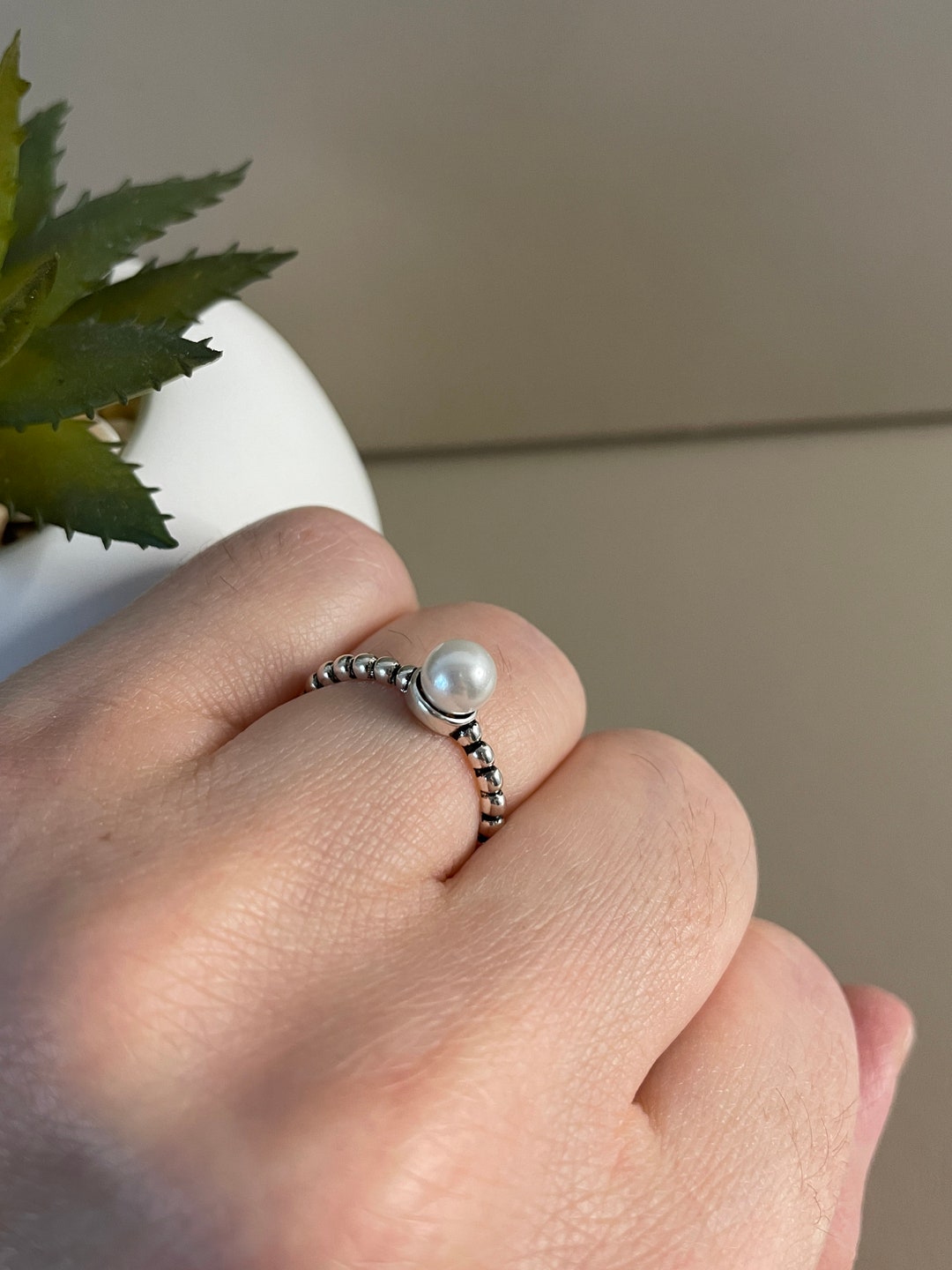 Silver Beaded Bead Ring, Silver Pearl Ring, Gift for Her, Dainty Silver ...