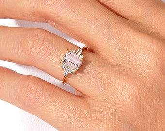 Emerald Cut Opal Engagement Ring / Natural Gemstone Promise Ring With ...