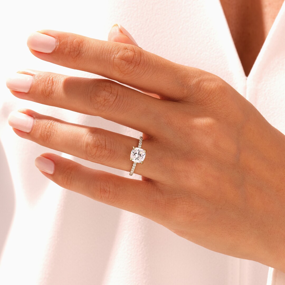 Brilliant Cushion Cut Engagement Ring / Side Stone Accented Promise ...