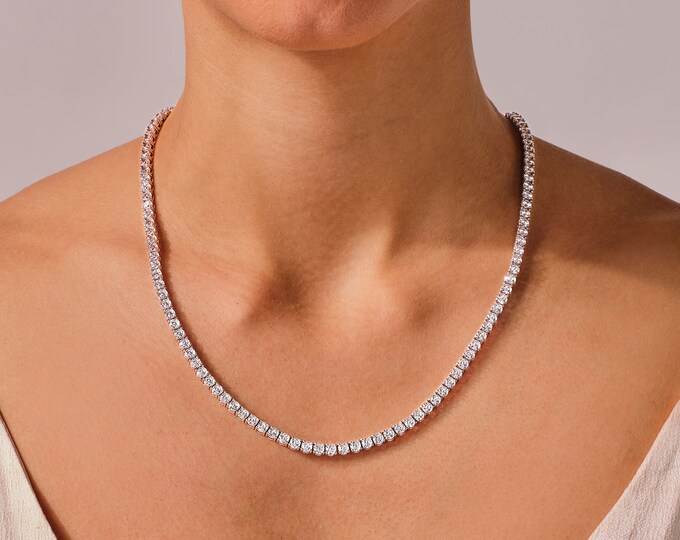 14k Solid Gold Tennis Necklace / Brilliant Round Cut Moissanite ...