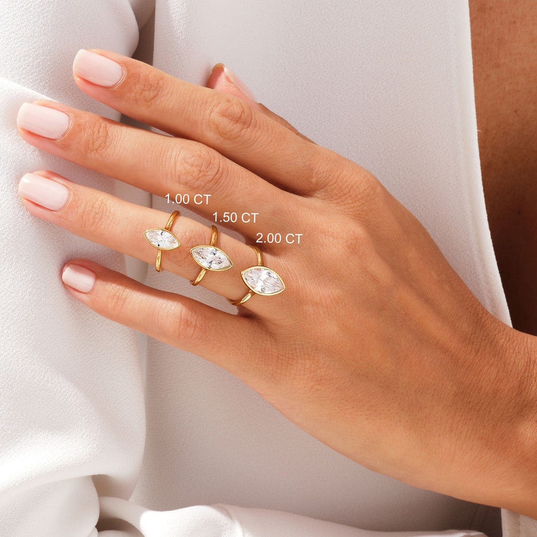 Bezel 1 - 1.5 - 2 CT Marquise Cut Solitaire Moissanite Engagement Ring / 14k Solid Gold Solo ...