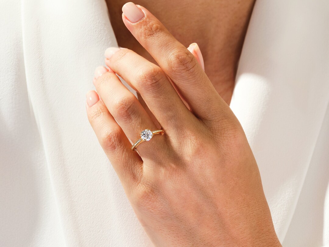 14K Solid Gold Cathedral Engagement Ring / 1 CT Round Moissanite Ring ...