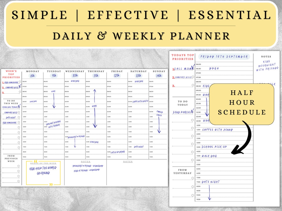 Printable Weekly and Daily Planner | Hourly | Half Hourly | US Letter ...