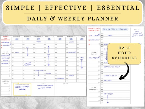 Printable Weekly and Daily Planner Hourly Half Hourly US - Etsy