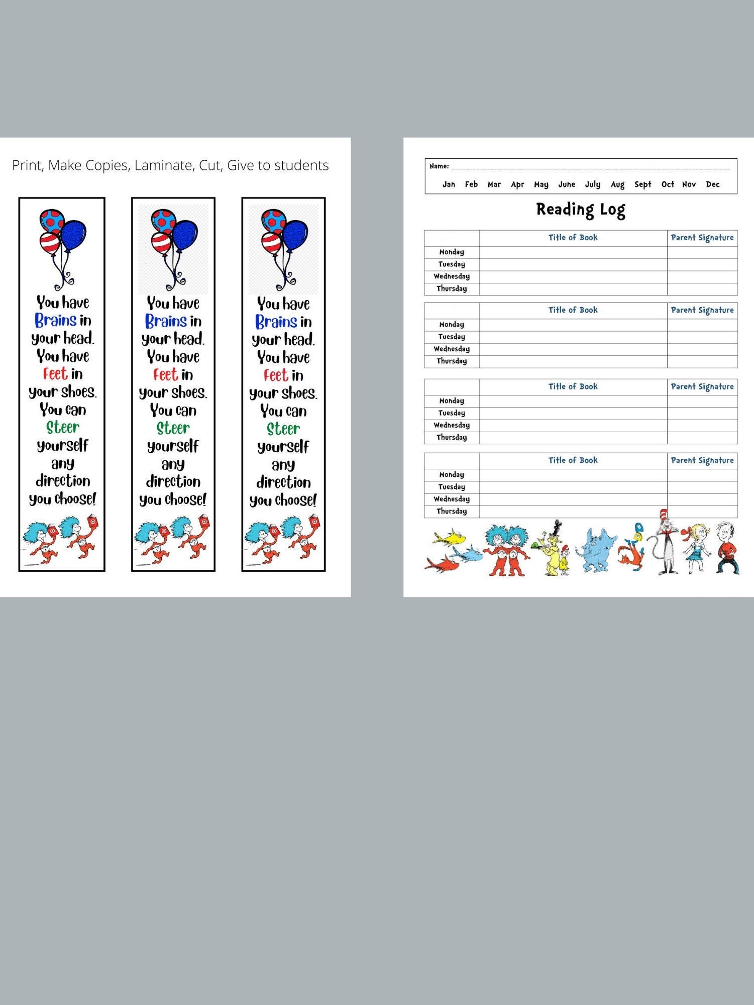 Dr. Seuss READING LOG & BOOKMARK Set, Reading Curriculum, K5-5th Grade ...