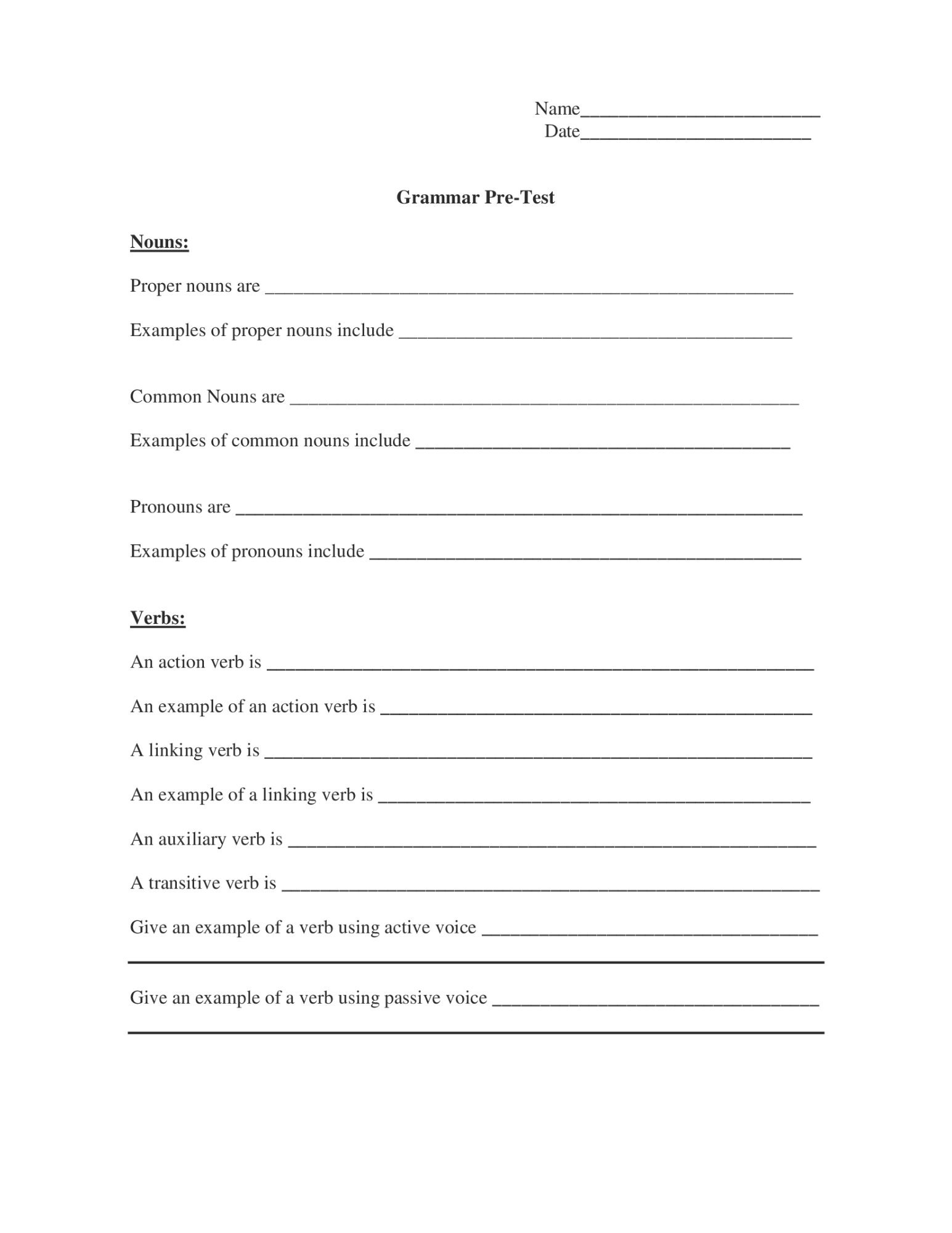 5th, 6th, 7th 8th, Grade Pretest Grammar Assessment, Knowledge Test ...