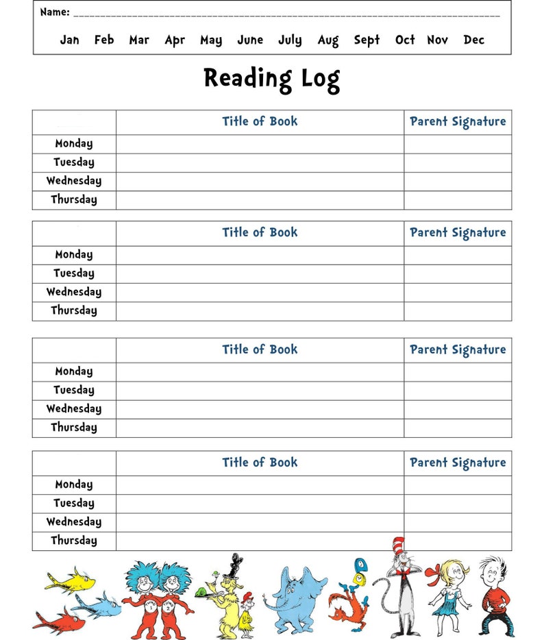 Dr. Seuss READING LOG & BOOKMARK Set, Reading Curriculum, K5-5th Grade ...