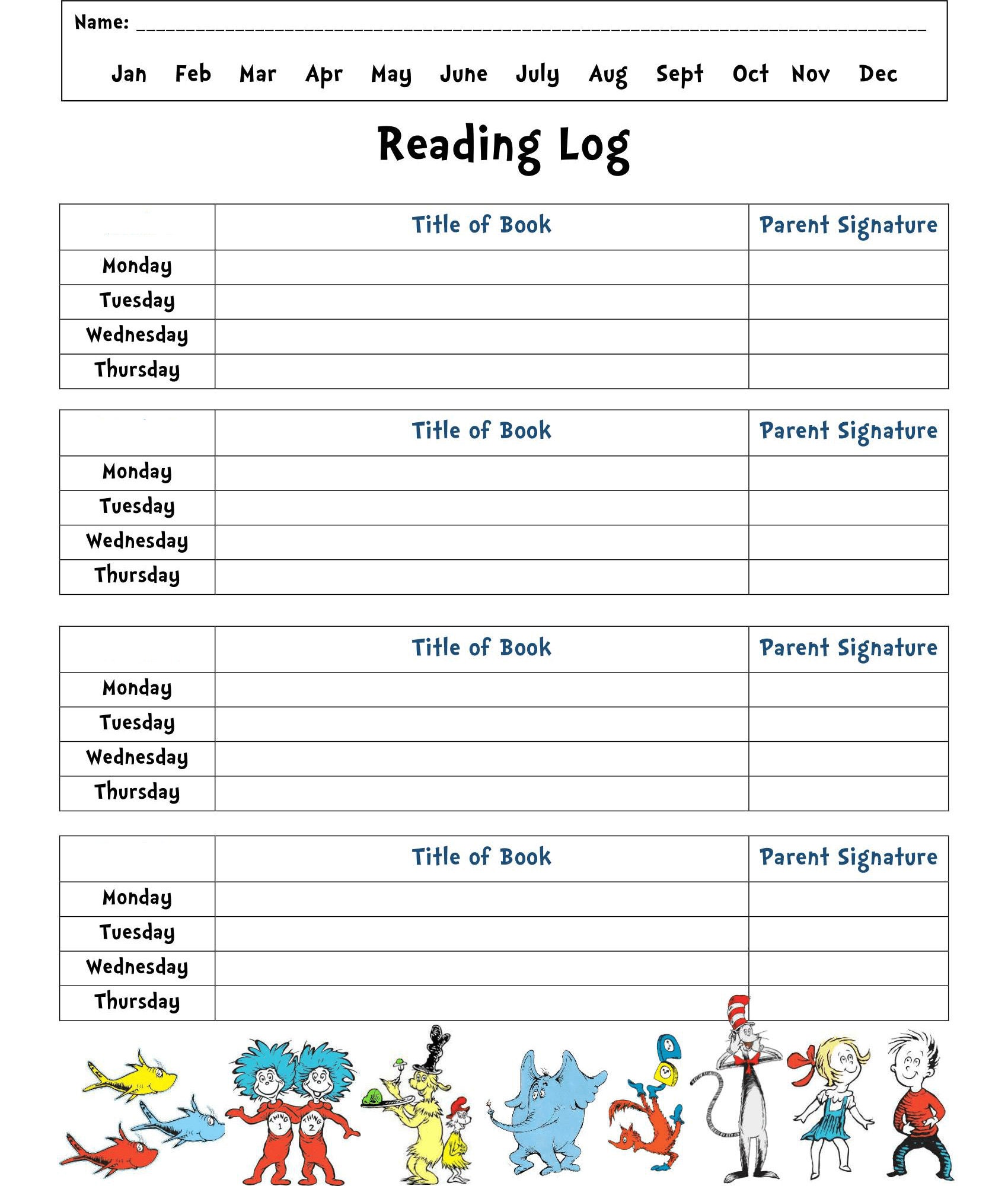 Dr. Seuss READING LOG & BOOKMARK Set, Reading Curriculum, K5-5th Grade ...