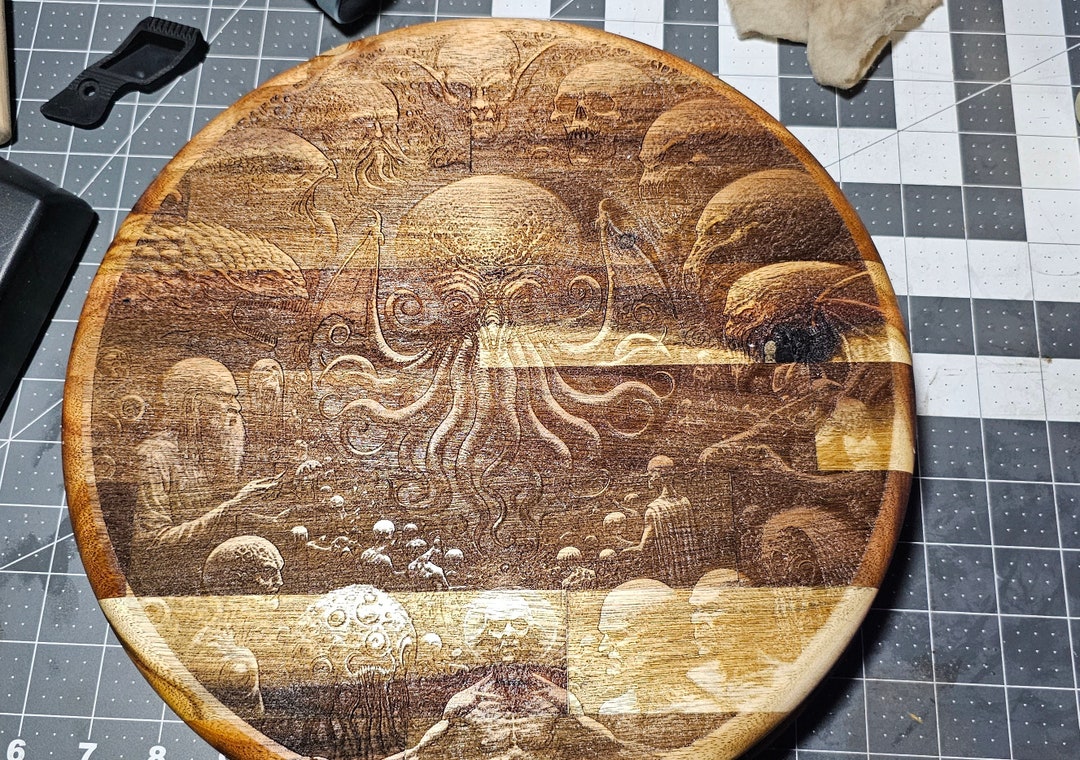 12" Round Acacia Charcuterie Board With Cthulhu Etching - Etsy