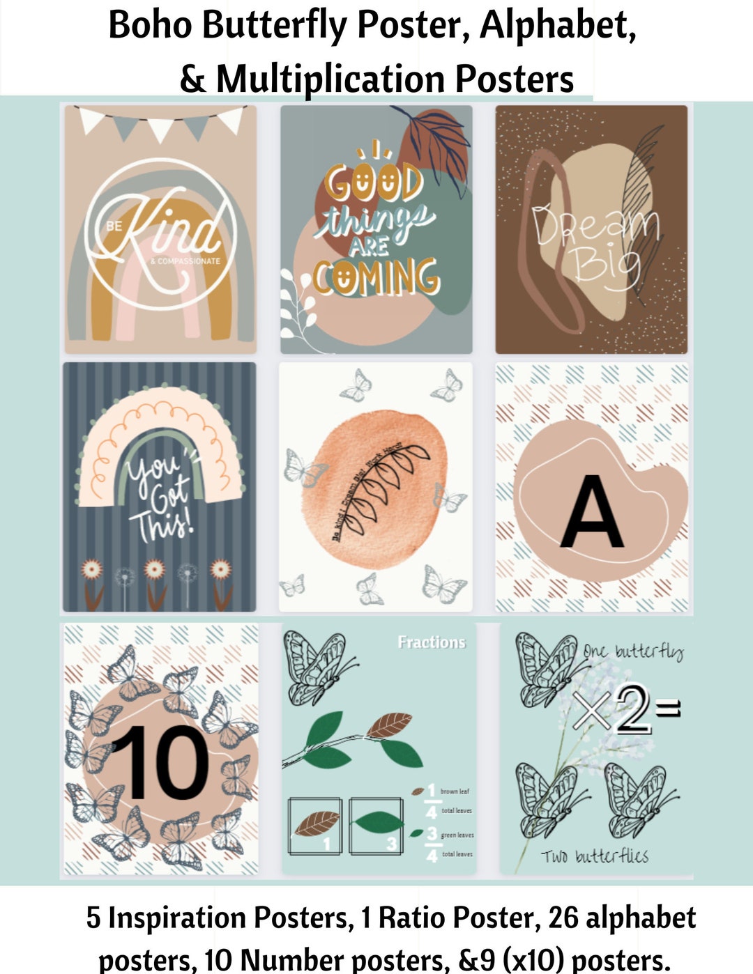 Boho Calming Butterfly Poster Bundle, Math Multiplication , Alphabet ...