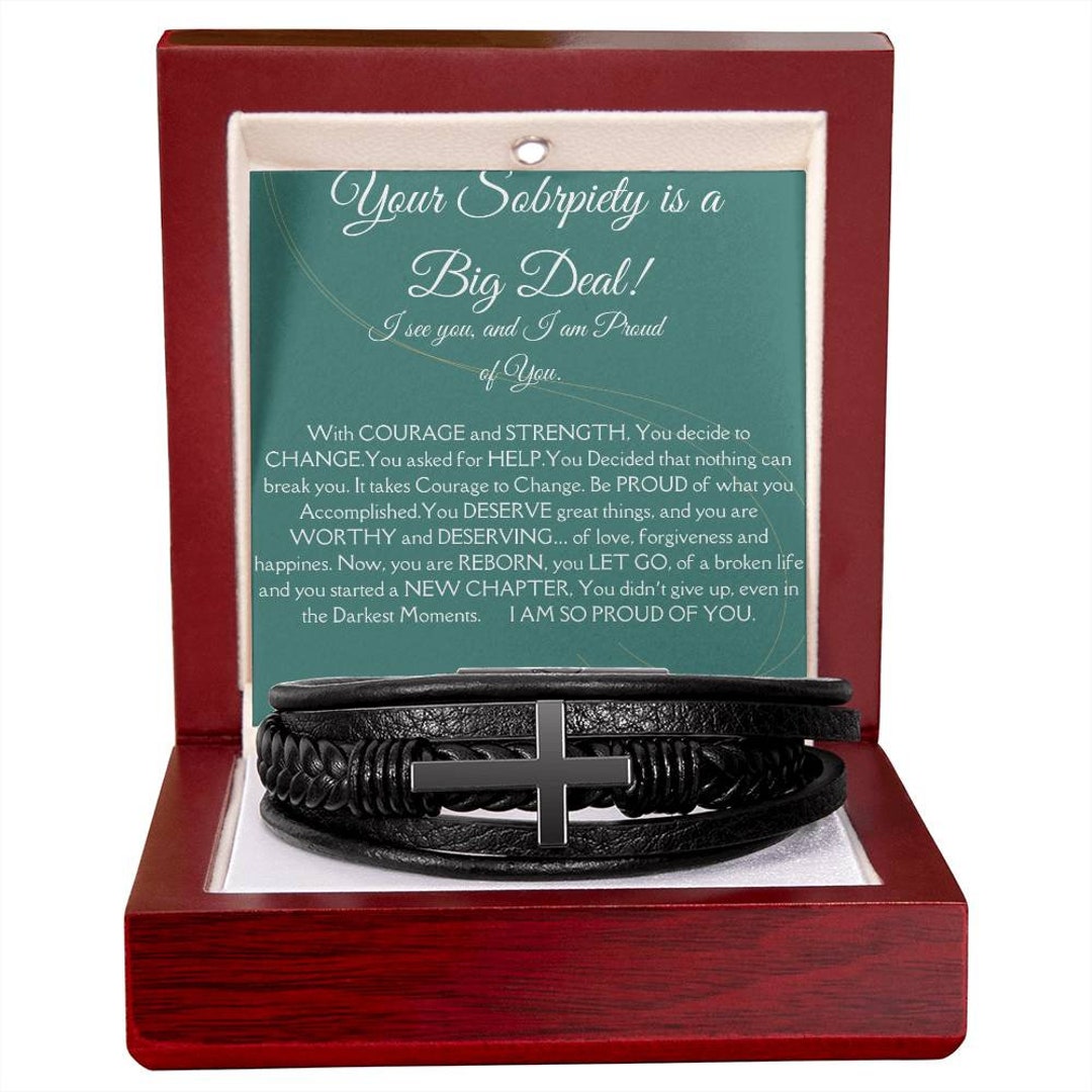 Sober Symbol Leather Bracelet For Men Sober Anniversary 1 Year