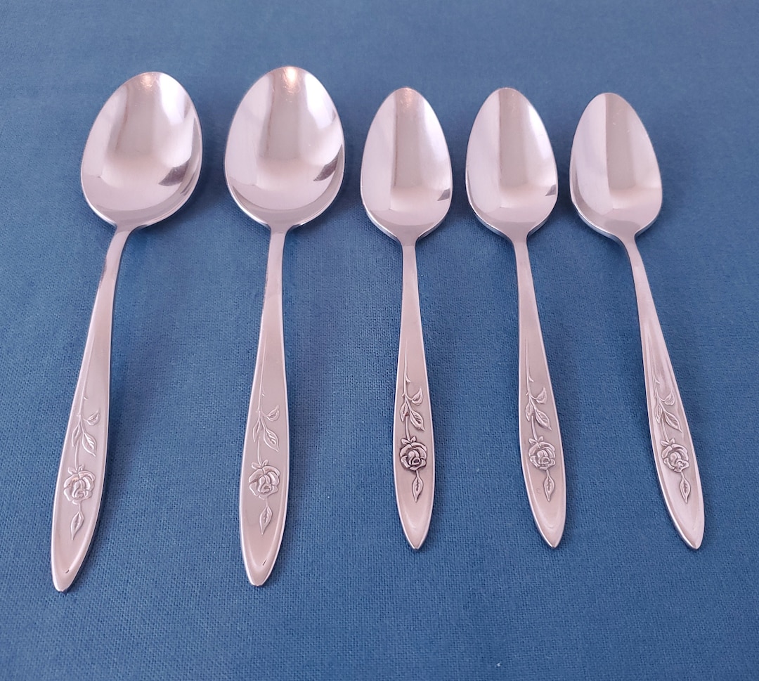 Oneida MY ROSE Stainless 2 Oval Soup Spoons 6 7/8 & 3 Teaspoons 6 1/8 ...