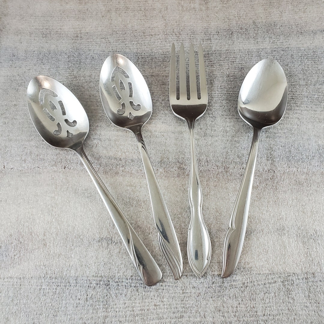 Mismatched Set of 4 Serving Spoons Solid + Slotted and Serving Fork ...