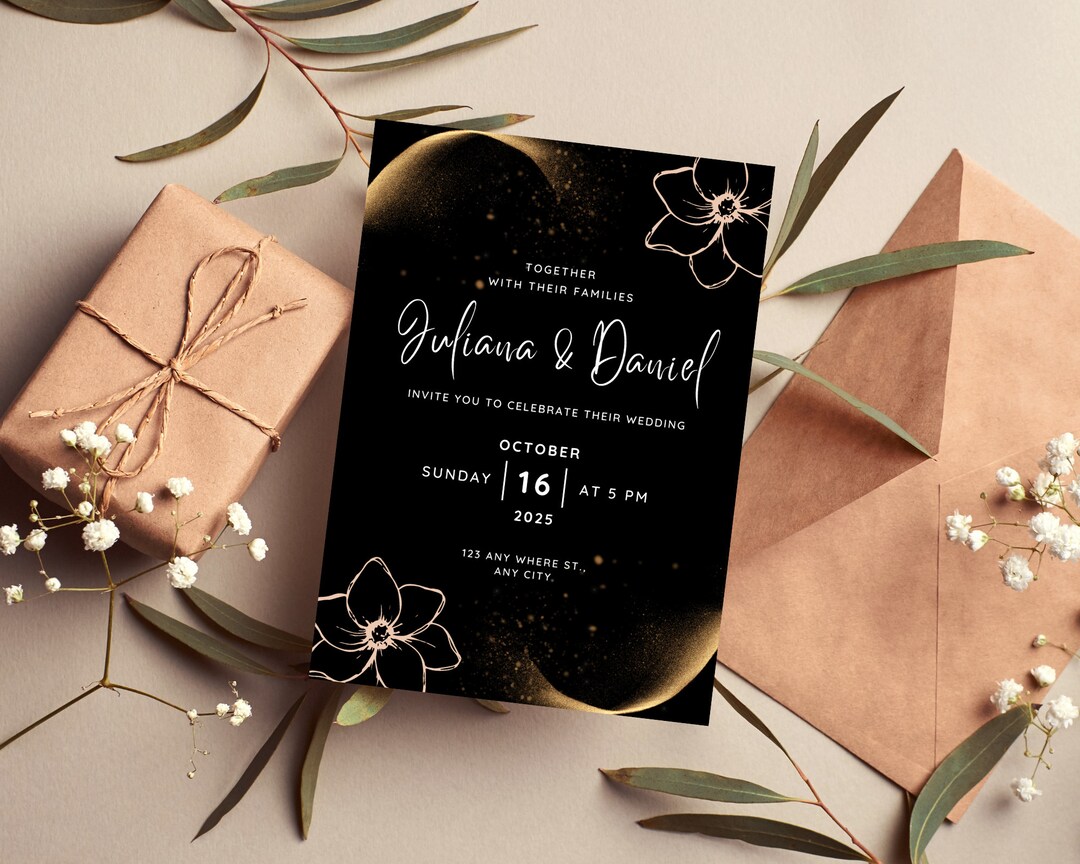 Black Elegant Wedding Invitation Template Minimalist Modern - Etsy
