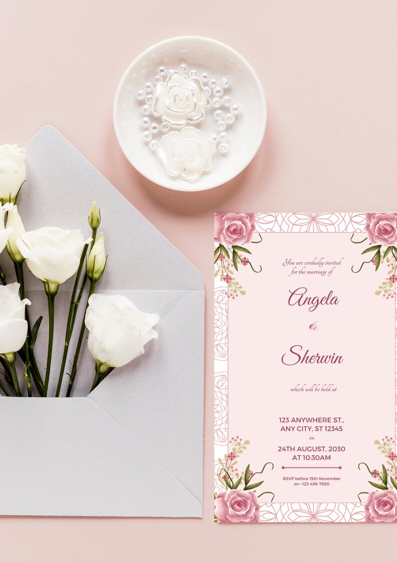 Pink Pastel Wedding Invitation, Floral Invitation Set, Editable ...
