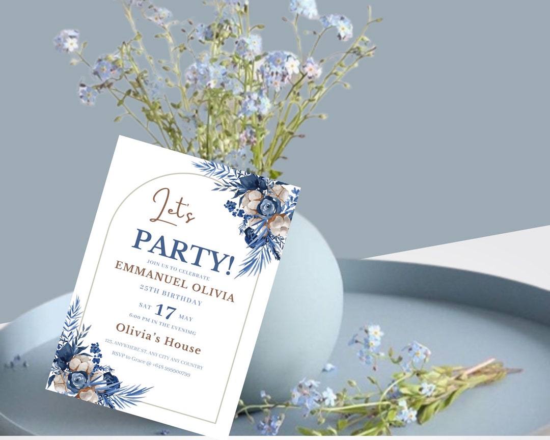 Blue Floral Birthday Invitation for Women, Hot Blue Floral Birthday ...