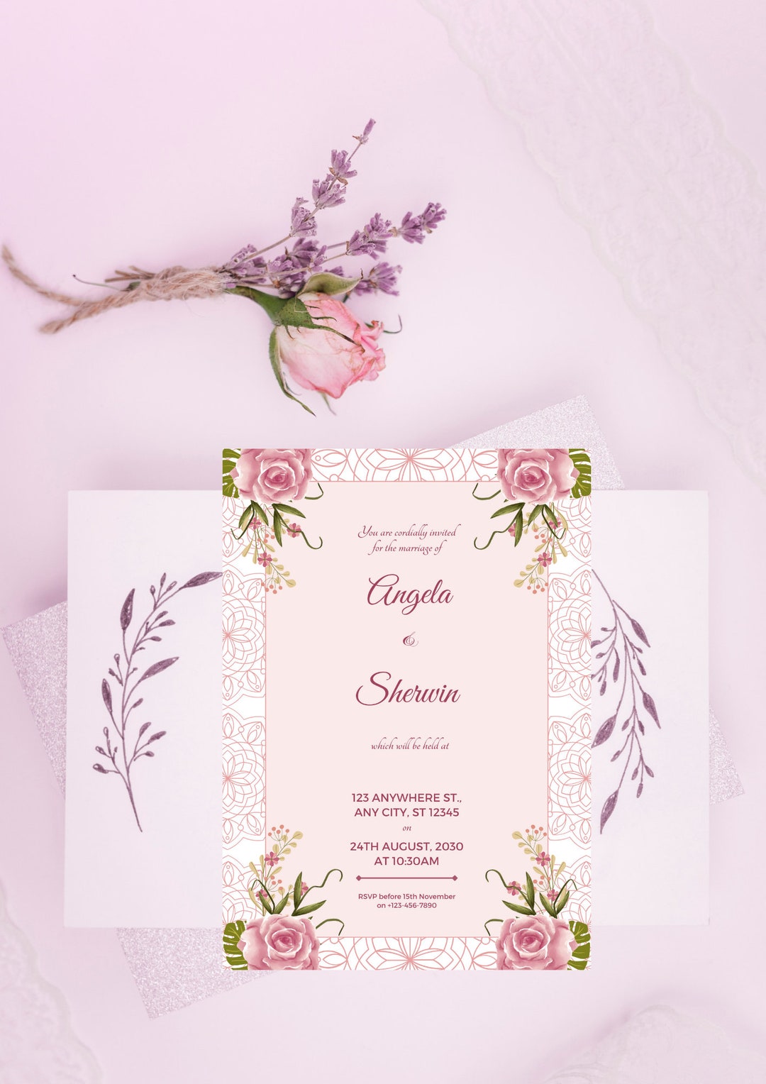Pink Pastel Wedding Invitation, Floral Invitation Set, Editable ...