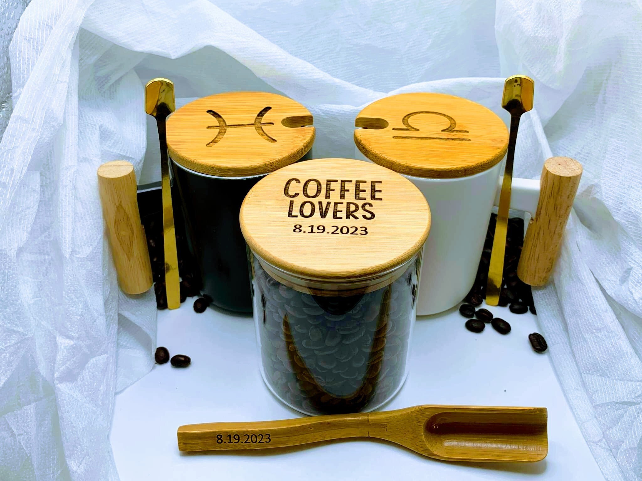Personalized Coffee Lovers Gift Set, Engraved Coffee Mugs Container and ...