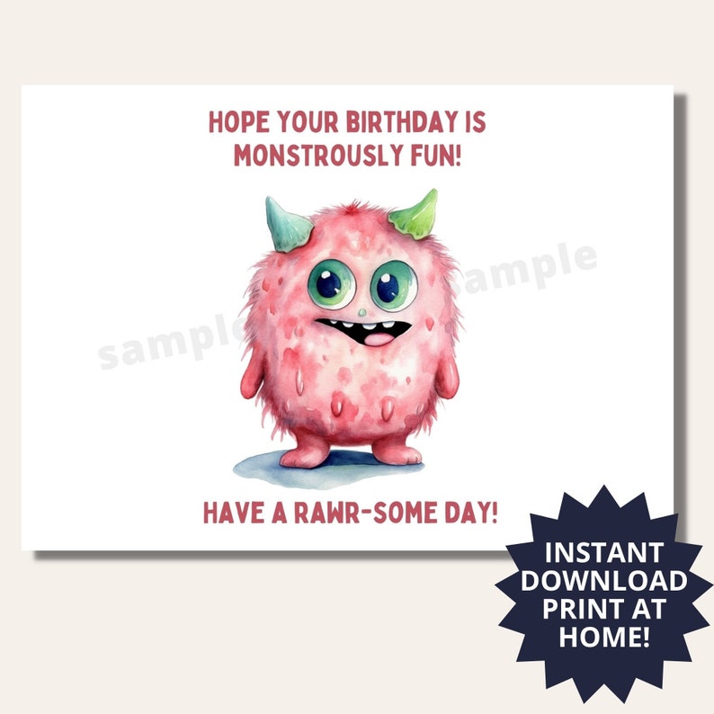 Printable Kids Birthday Card Cute Monster Birthday Card for Children ...