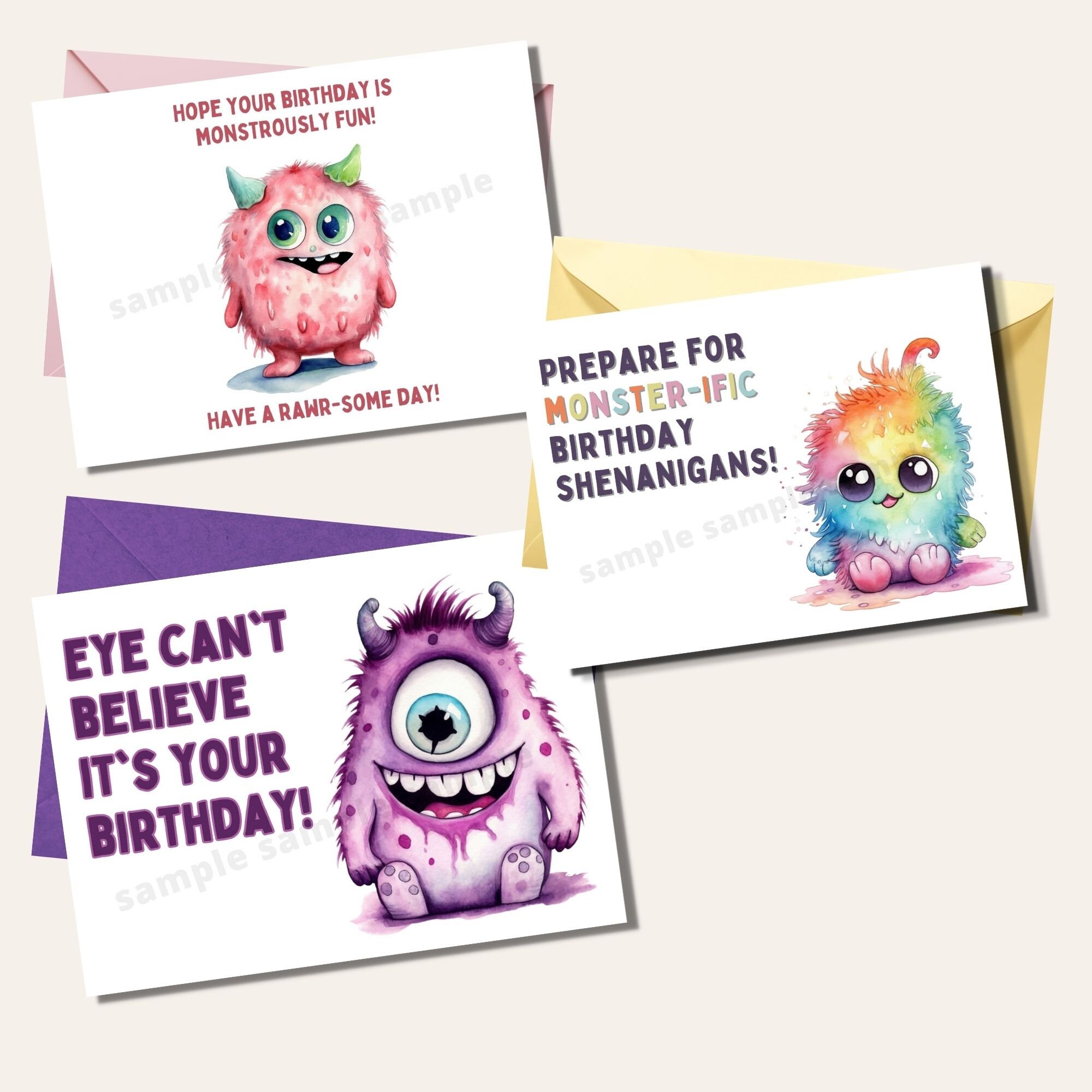 Bundle of 7 Printable Kids Birthday Cards Cute Monster Birthday Cards ...