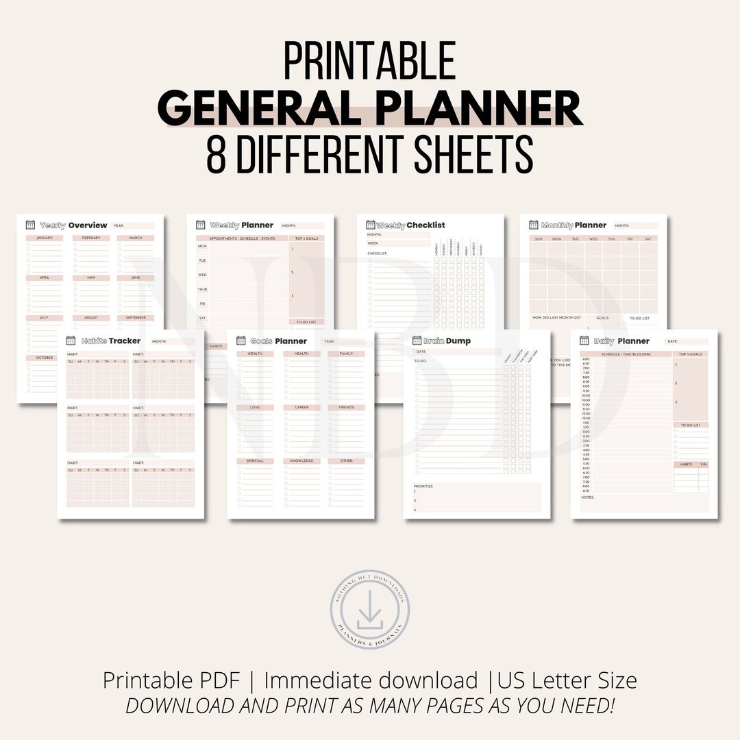 General Daily, Weekly, Monthly Planner Printable Sheets - 8 Pages ...