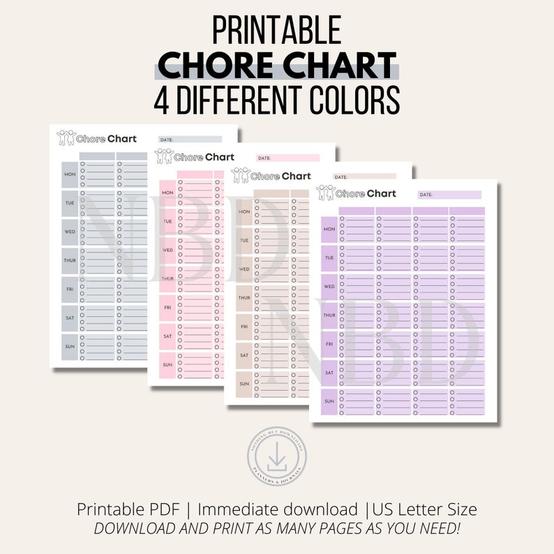 Printable Chore Chart for Kids - 4 Different Colors - Immediate ...