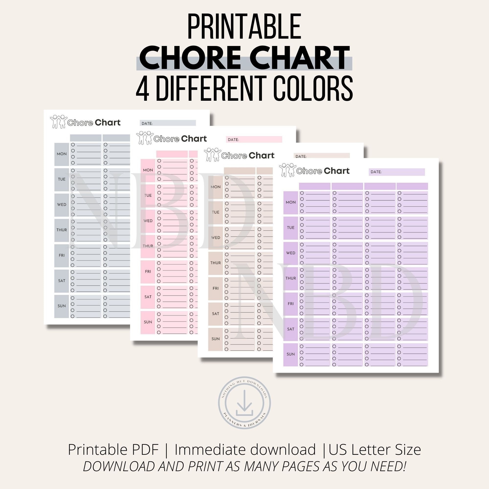 Printable Chore Chart for Kids - 4 Different Colors - Immediate ...