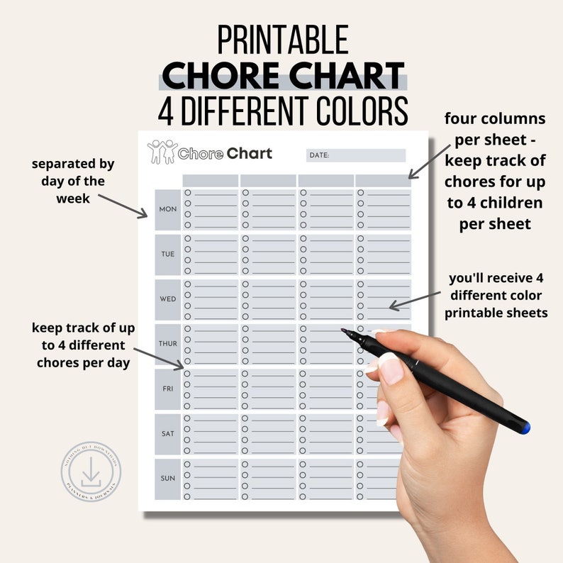 Printable Chore Chart for Kids - 4 Different Colors - Immediate ...