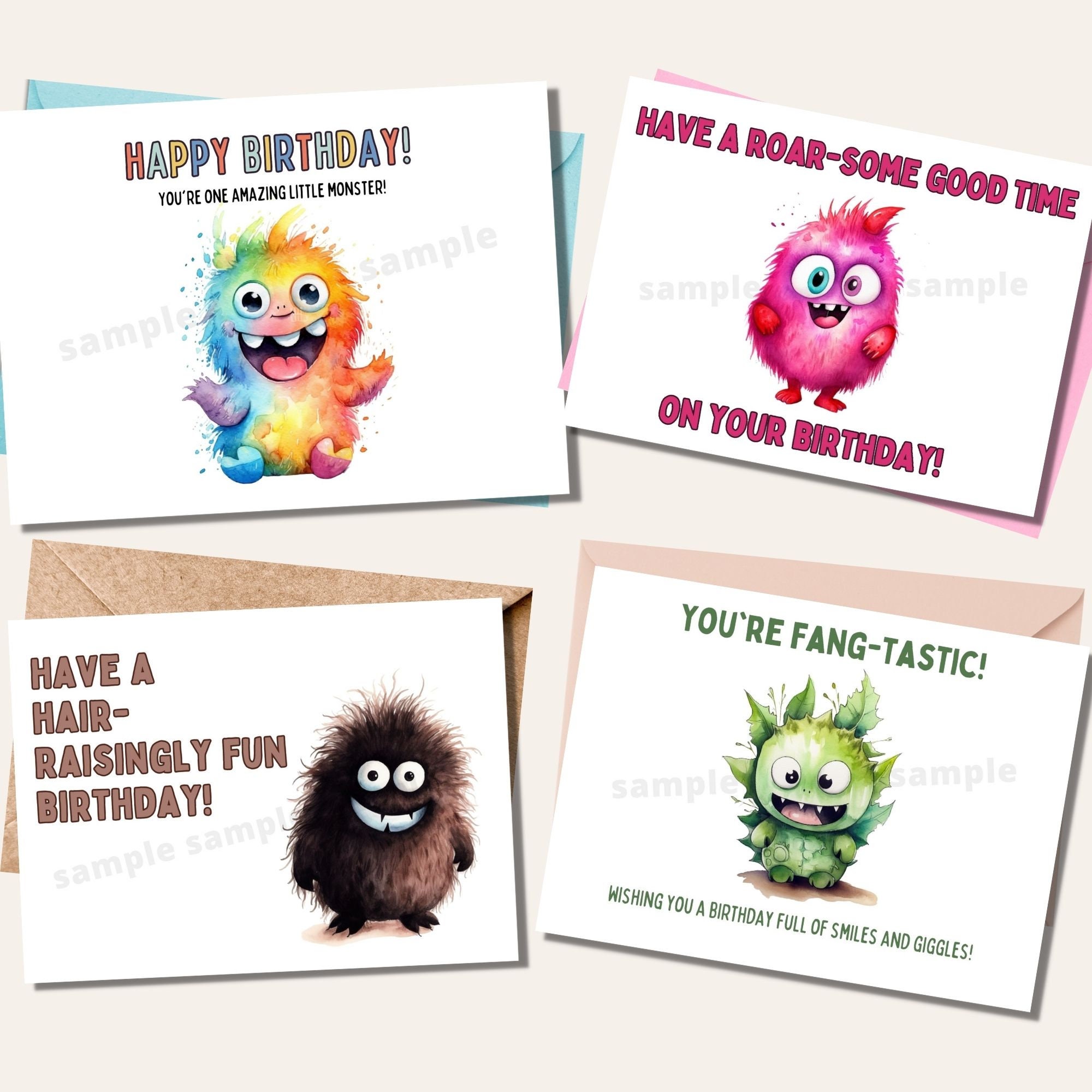 Bundle of 7 Printable Kids Birthday Cards Cute Monster Birthday Cards ...