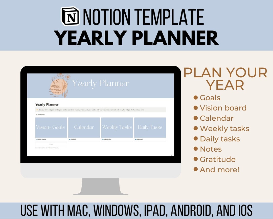 Digital Yearly Planner Template for Notion - Simple Minimalist Boho ...